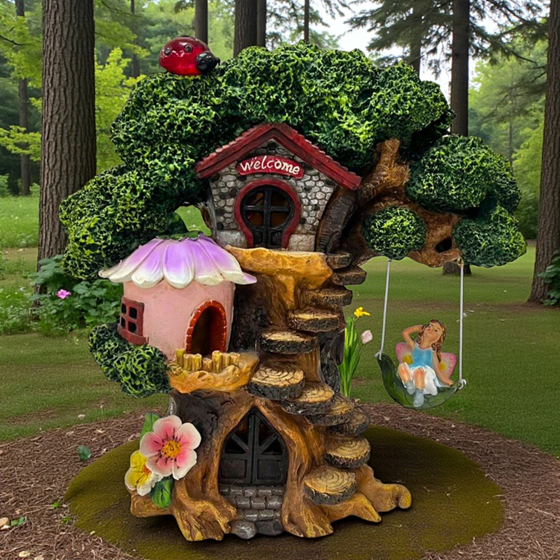 Solar Fairy Garden Tree House With Fairy On Swing – The Fairy Shop